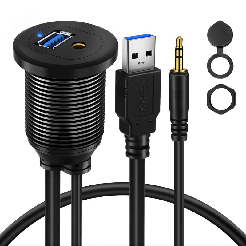 BATIGE メタルUSB 3.0 &amp; 3.5mm カーマウントフラッシュケーブル LEDアンビエントライト付き AUX拡張ダッシュパネル 防水マウントケーブル 車 ボート オートバイ用 - 3フィートこのバティジュケーブルは車用に...