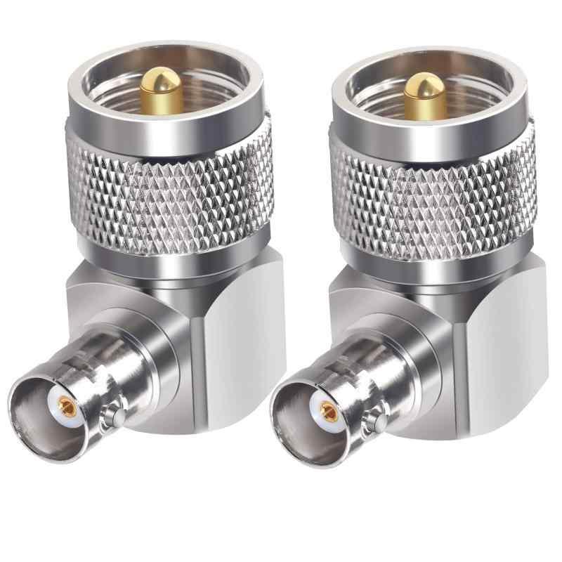 2PCS UHF PL259 BNC 直角コネクタ、エルボ 90 度 SO239 オス - BNC メス L 字型同軸アダプタ、延長ケーブル用タイプと詳細: UHF オス対 BNC メス 90 度コネクタ; 色: 金と銀; 材質: 真鍮とニ...