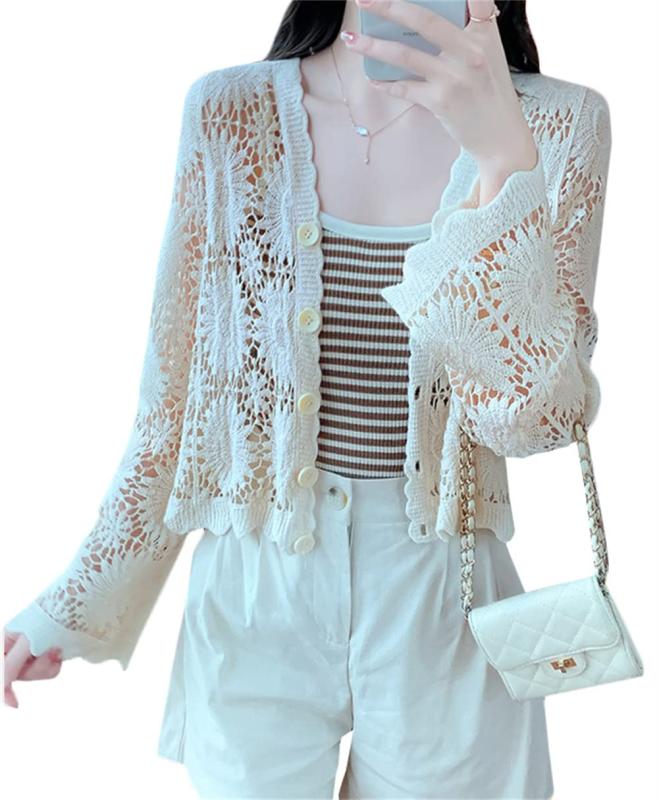 [BEIBANG]ニット ボレロ レディース 長袖 透かし編み ショートカーディガン 夏服 日焼け防止アウター 薄手 上着 かわいい フェミニン ニットトップス 冷房対策 紫外線対策