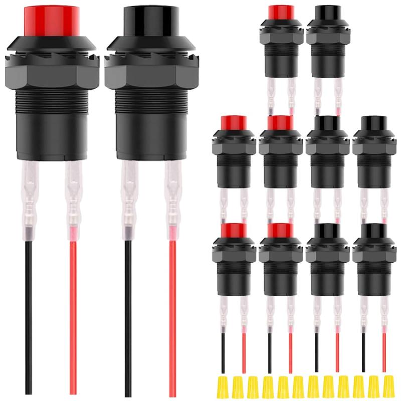 MKBKLLJY 12Pcs 赤/黒ミニ自己ロック スイッチ AC 250V 1.5A 125V 3A 2 ピン 12V 12mm ラッチ プッシュ ボタン マイクロ ラウンド押ボタン スイッチをターミナル ワイヤと配線キャップ RV 車【...