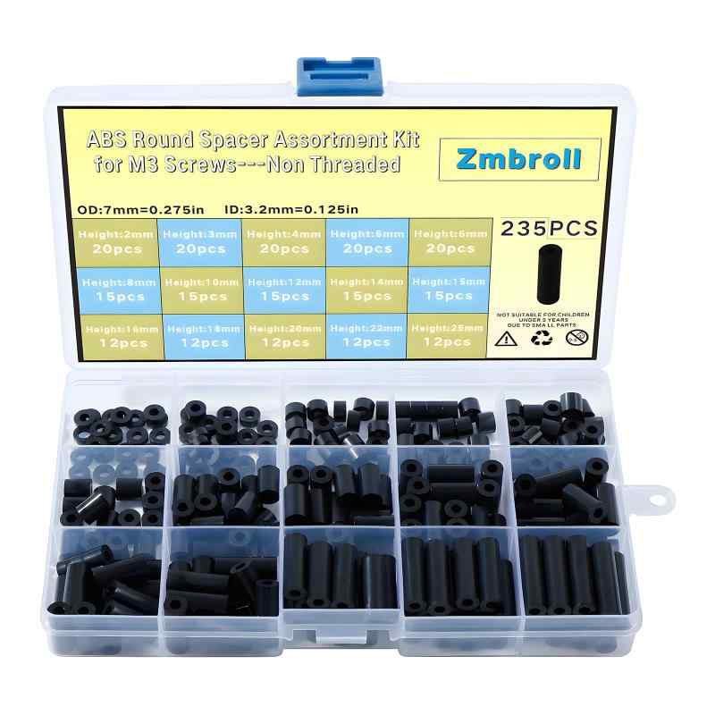 Zmbroll 235件黒色円形ガスケット、外径7 mm、内径3.2 mm、M 3ネジ15サイズABS非ネジ柱ガスケット円形直管プラスチックガスケットホルダー用パッケージは：235個のABS円形ガスケット、色は黒、15種類のサイズ、頑丈で透...