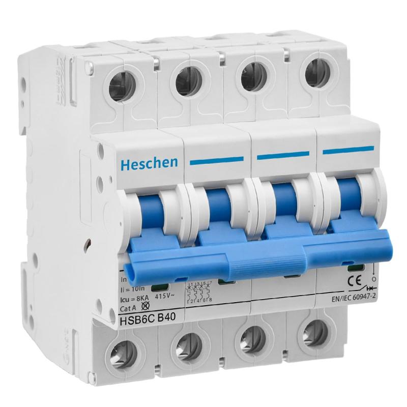 Heschen ミニチュアサーキットブレーカー HSB6C 電流40Amp 4極 タイプB 破断能力6kA DINレール取り付け定格電流:40A定格電圧:400V破断能力:6KA。ポール番号:4PタイプB