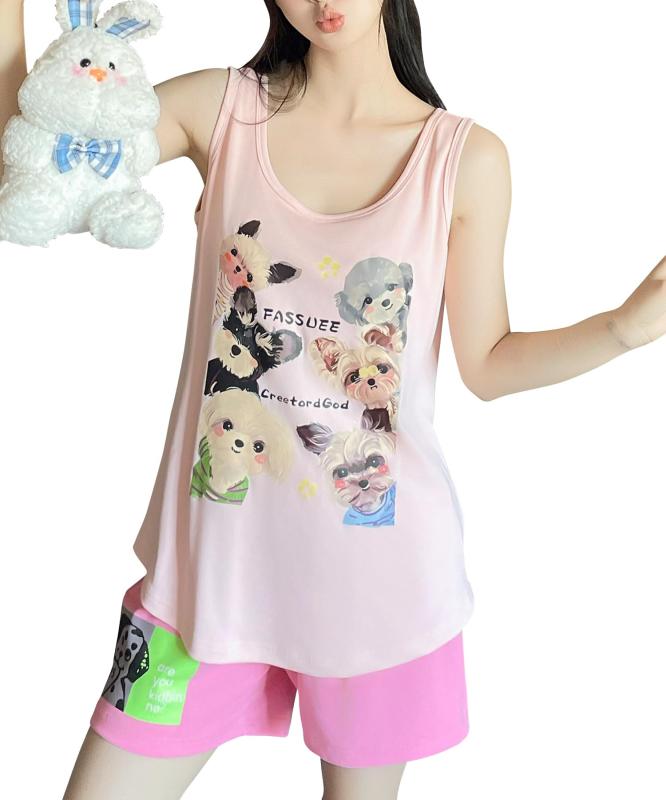 [PHOLEEY] パジャマ レディース ルームウェア 夏 綿100 キャミソール 半ズボン 上下セット 部屋着 ゆったり かわいいプリント 寝巻き 柔らかい 肌に優しい 快適 通気 ホームウェア 女性