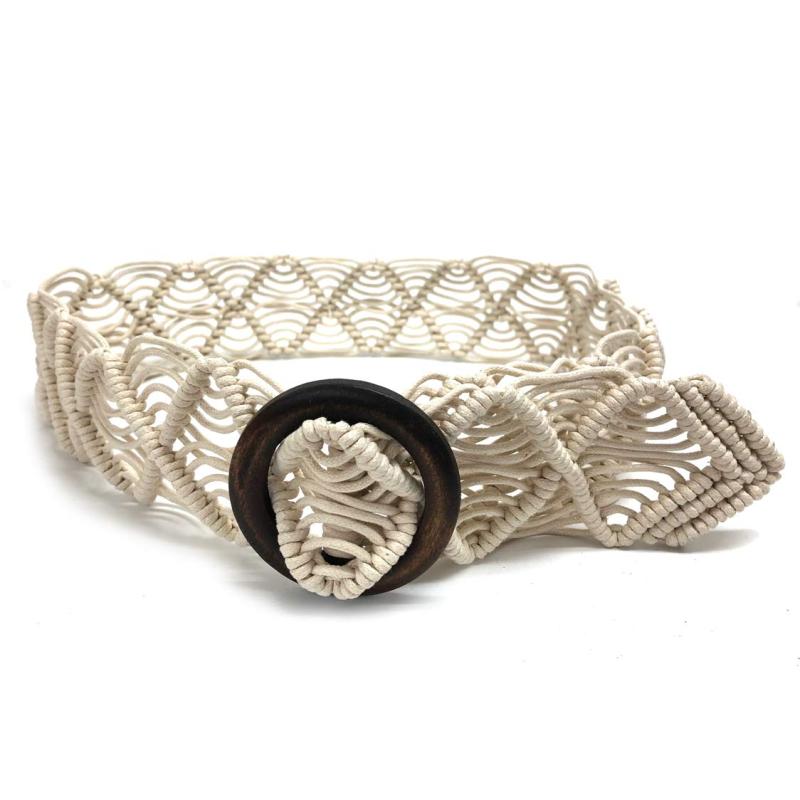 (エスティメイション) Estimation マクラメ編み レディースベルト 編込み 太 幅広 サイズフリー macrame-Bマクラメ編み＆ウッドバックルベルト長さ約100cm ✖ 幅約7cm　フリーサイズハンドメイドの編込みメッシュベルト