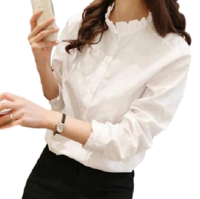 [ROCAROCA] [ロカロカ] ハイネック ブラウス レディース 長袖 ステンドカラー 立て襟 フリル 白 無地ステンドカラーのフリルが可愛くておしゃれなブラウスです。1枚で華やかを演出します。シンプルなデザインで身体にフィットしボディ...