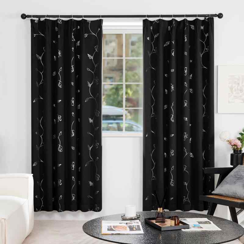 Deconovo 1級遮光カーテン 花柄 省エネ 昼夜目隠し 銀箔プリント