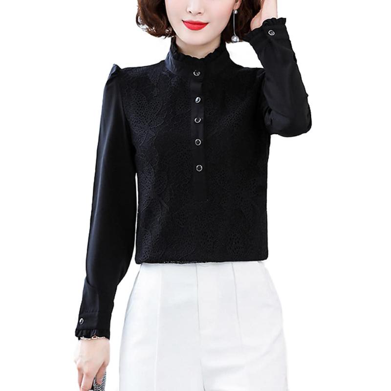 [Bolan　Verl] レース ブラウス ハイネック 春秋 フォーマル ブラウス 黒 白 長袖 ワイシャツ おしゃれ スーツインナー レディース スタンドカラー シャツ 立ち襟 フリル 通勤 オフ「レース×フリル」程よい甘さと上品さが漂う...