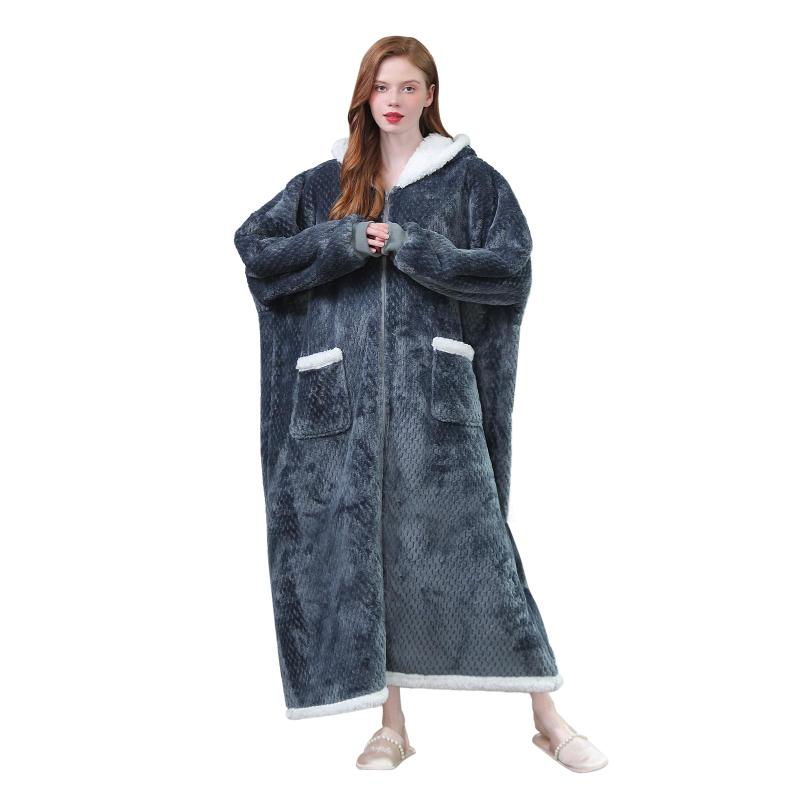 [SIPERLARI] 特厚版 着る毛布 メンズ レディース ルームウェア 部屋着 着丈135cm 特大きいサイズ 体型カバー フード付き ジッパー ポケット 二層生地 冬服 男女兼用 2-6xl 20 30 40 50 60代 防寒 保温...