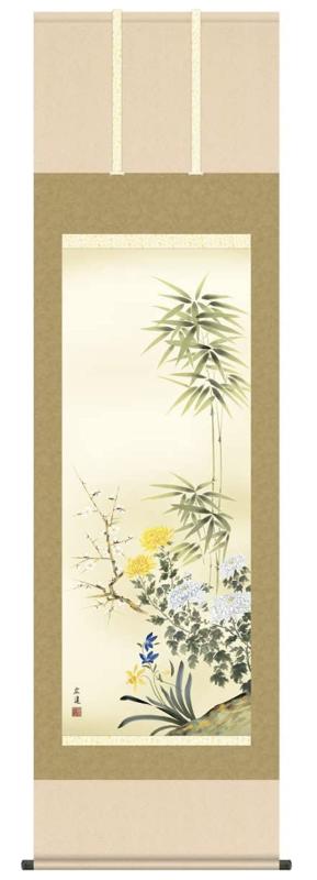 年中掛け 掛け軸 四君子 田中広遠 尺五 本表装 床の間 花鳥画 モダン 掛軸●幅54.5×高さ190cm●本紙・・・新絹本●軸先・・・陶器●桐箱畳紙収納 ●表装品質十年間付き日本画構図の開発と国内生産品にこだわった製品です 作品は特殊印刷...