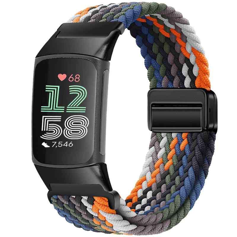 For Fitbit Charge 5/Charge 6 対応 交換ベルト マルチカラーのナイロン編組 マグネットクラスプこの交換用時計バンドはマルチカラーのナイロンストラップで編まれており、ユニークなスタイルを実現しています。 適応性が高...