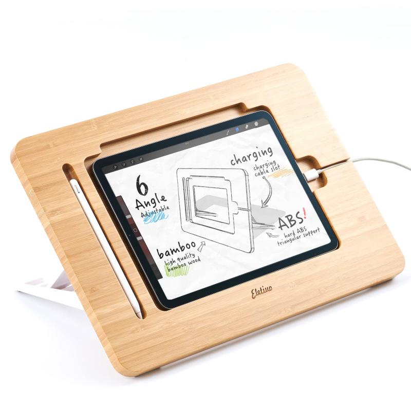 ELETIUO Adjustable Tablet Stand with Pencil&amp;Charger Cable Slot,Upgraded Bamboo Wooden Desk Stand with Multiple Angle...