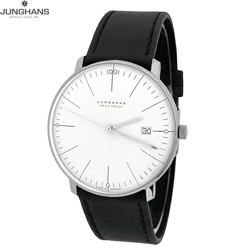 商品名 JUNGHANS　ユンハンス　腕時計 型番 059/2020.02 マックスビル メガソーラー メーカー希望小売価格：￥275,000（税込） カラー ホワイト文字盤 艶ありシルバーケース ブラックカーフレザーストラップ 素材 サフ...