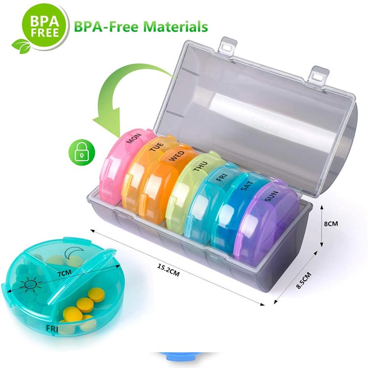 1週間の朝昼晩をフォ口一毎日の習慣!薬やサプリの飲み忘れ防止に朝昼晩を3つに分割薬への二重保護密閉性がいい中ケースが薬を空気や水に汚されません。頑丈な外ケースが、大切なお薬をより安全な保護します。こぼれにくい中のケースが単品で取ることもでき...