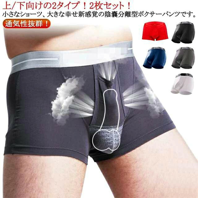 上/下向けの2タイプ!2枚セット! 通気性抜群!小さなショーツ、大きな幸せ新感覚の陰嚢分離型ボクサーパンツです。 ポール部分専用の別室があり、穴からそこにポールを通すことでタマと分離します。 ポール部分とタマの接触がないので、1日はいた後も...