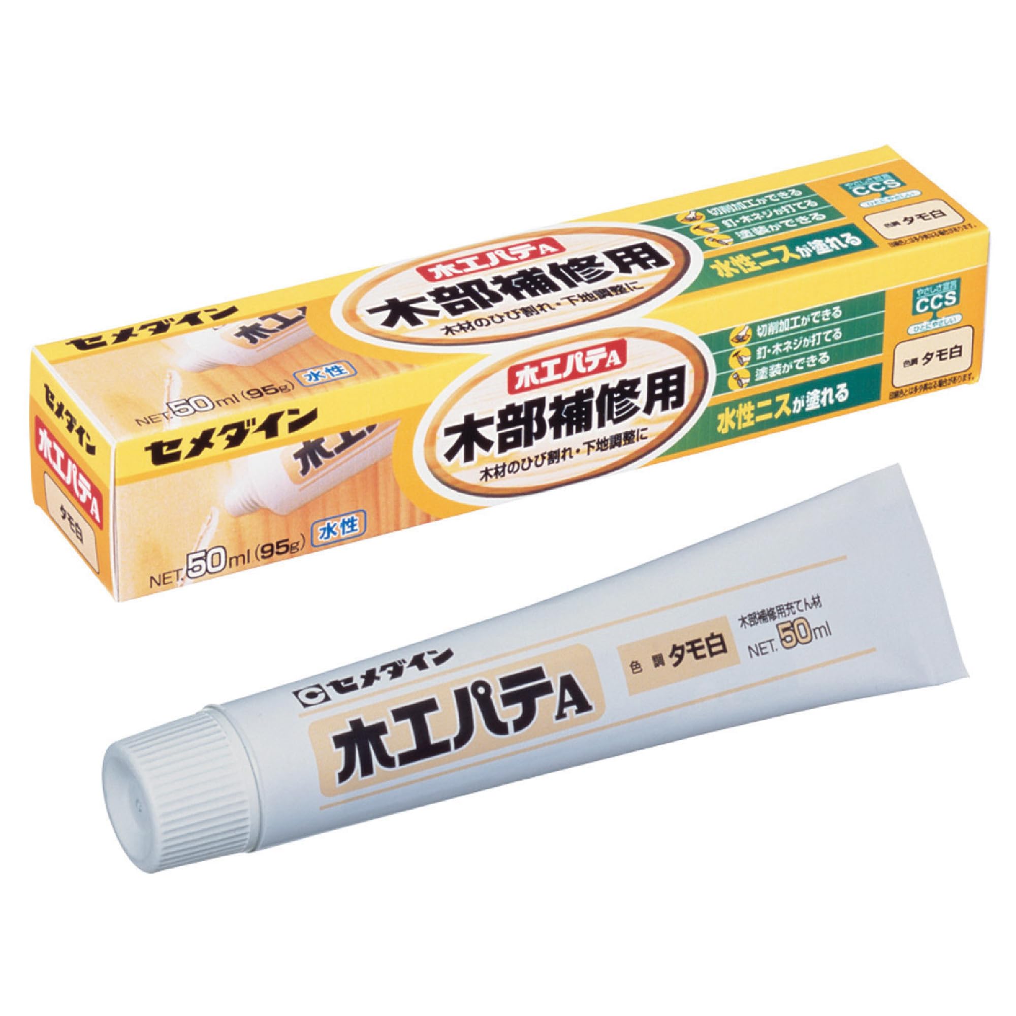 ・パッケージサイズ:幅163×奥36×高30mm ・色:タモ白 ・容量:50ml ・重量:95g ・成分:水性 ・機能:肉やせが少ない、サンディング可能、水性塗料の塗装可能