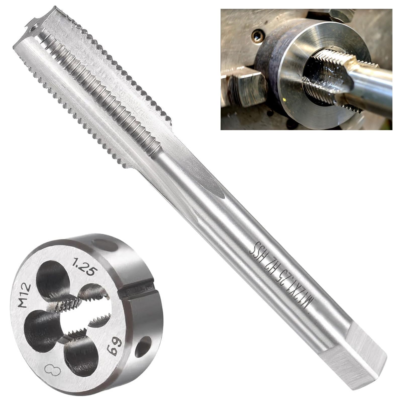 ・仕様:M12 x 1.25 ・タップ全長:88mm ・タップネジ部分の長さ:30mm ・ダイス外径:38mm ・ダイス厚さ:10mm ・素材:合金鋼 ・対応素材:鋼、銅、アルミニウム、鋳鉄 ・用途:貫通穴・浅穴加工