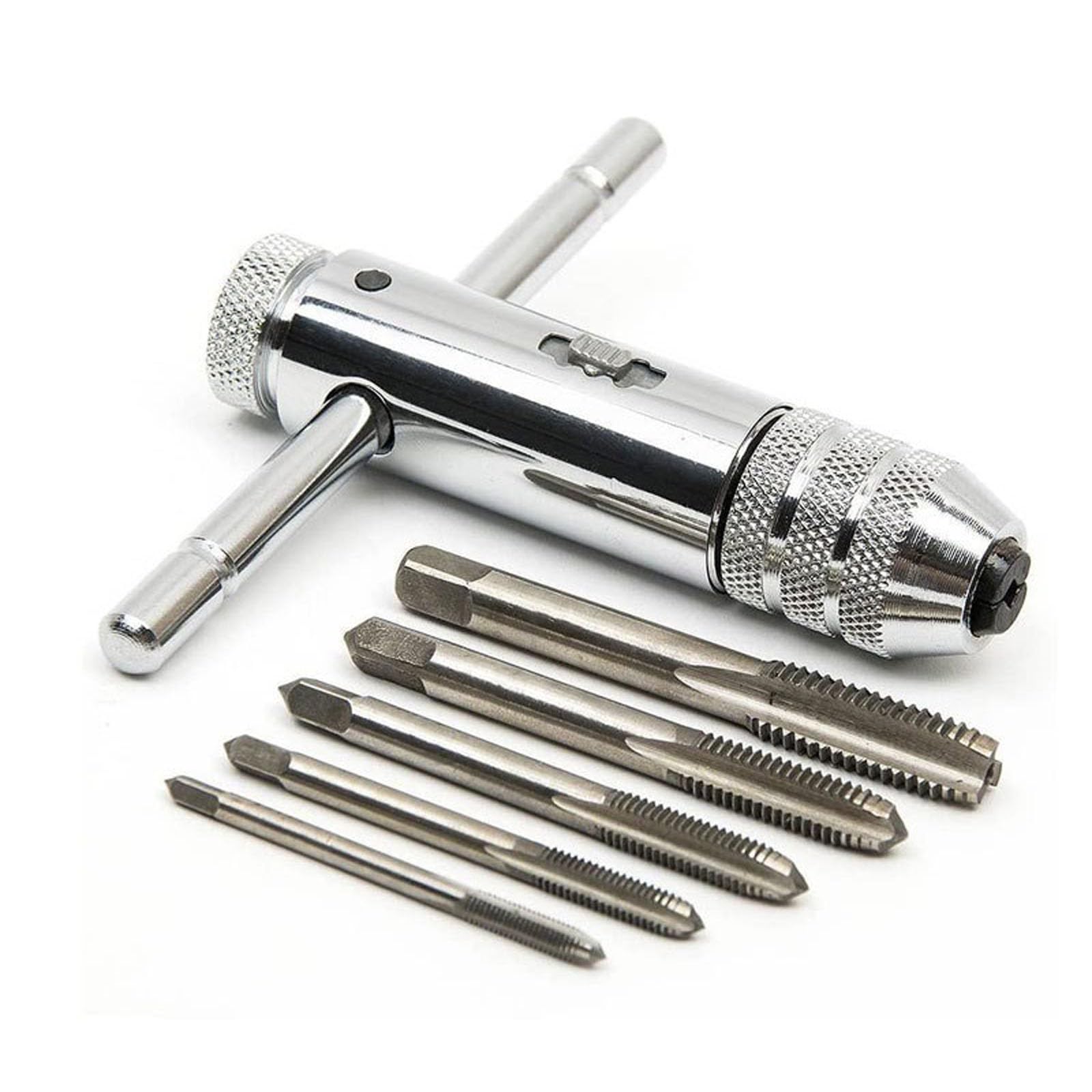 ・セット内容:6本(T型ハンドル1本、タップ5種類) ・タップサイズ:M3×0.5mm、M4×0.7mm、M5×0.8mm、M6×1.0mm、M8×1.2mm ・材質:高炭素鋼 ・重量:212g ・機能:着脱式スライドハンドル、ラチェット機...