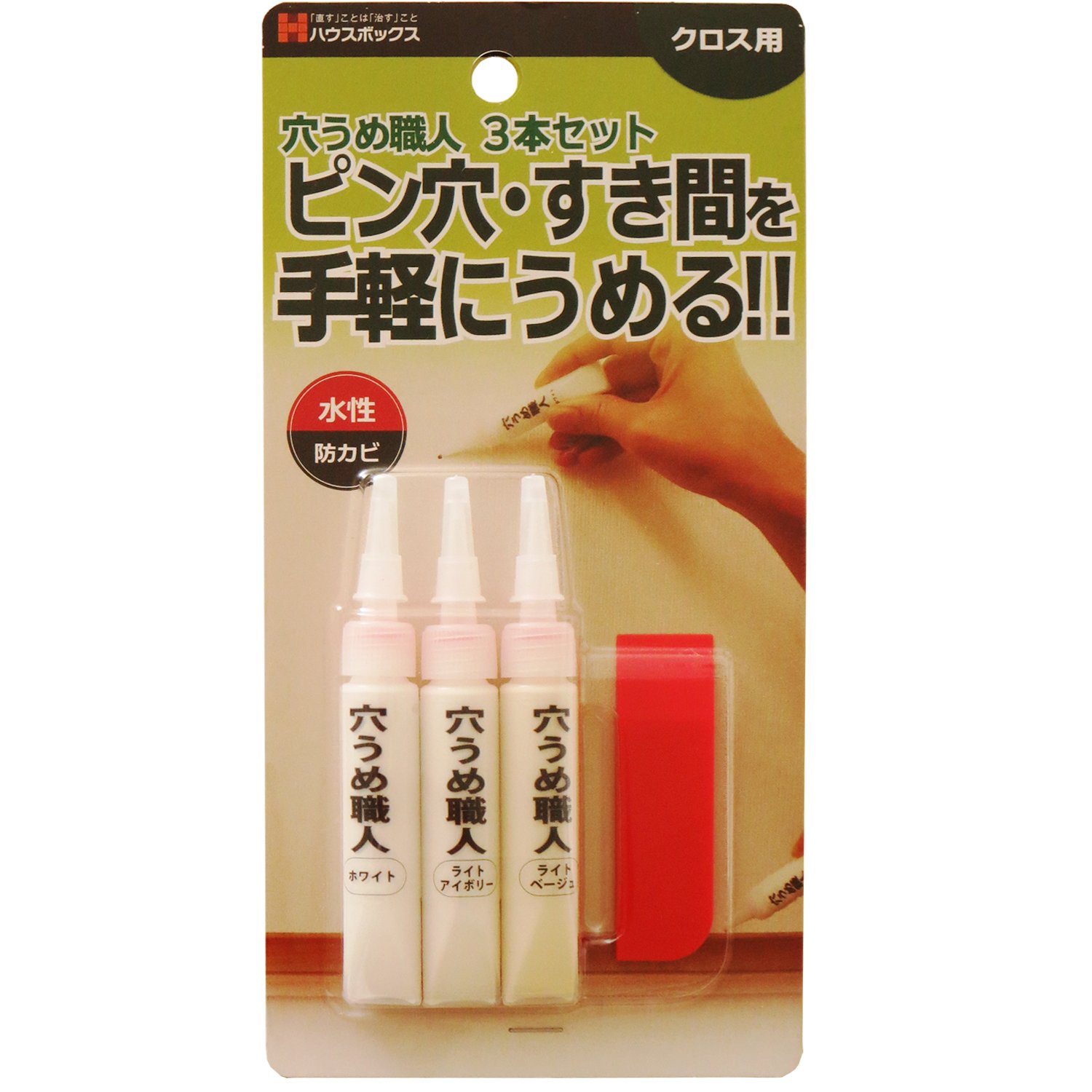 ・成分:水性アクリルエマルジョン、水、顔料、防カビ剤 ・セット内容:穴うめ職人3本、ミニヘラ ・セットカラー:ホワイト、ライトアイボリー、ライトベージュ ・内容量:各9g ・重量:60g