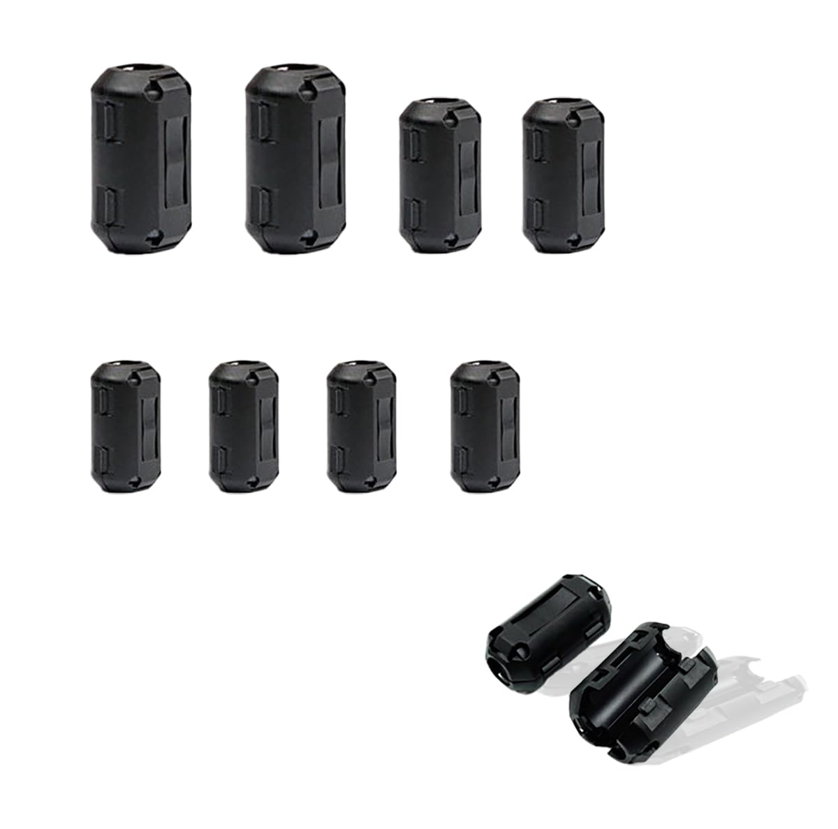 ・サイズ:内径3.5mm、5mm、7mm、9mm ・セット内容:各サイズ2個ずつ(合計8個) ・デザイン:開閉式 ・機能:ケーブルロック機能、ノイズ除去、電磁シールド