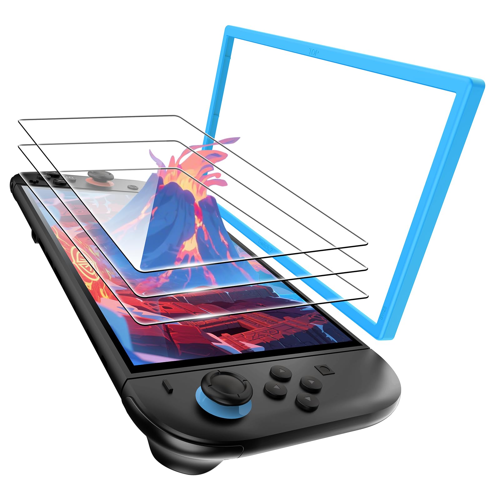 ・セット内容:3枚セット ・硬度:9H ・透過率:99.5% ・厚さ:0.3mm ・設計:Switch 2用、画面縁を0.1mm覆うオーバーラップ設計、3D精密カット設計 ・素材:強化ガラス、生体適合シリコン粘着剤