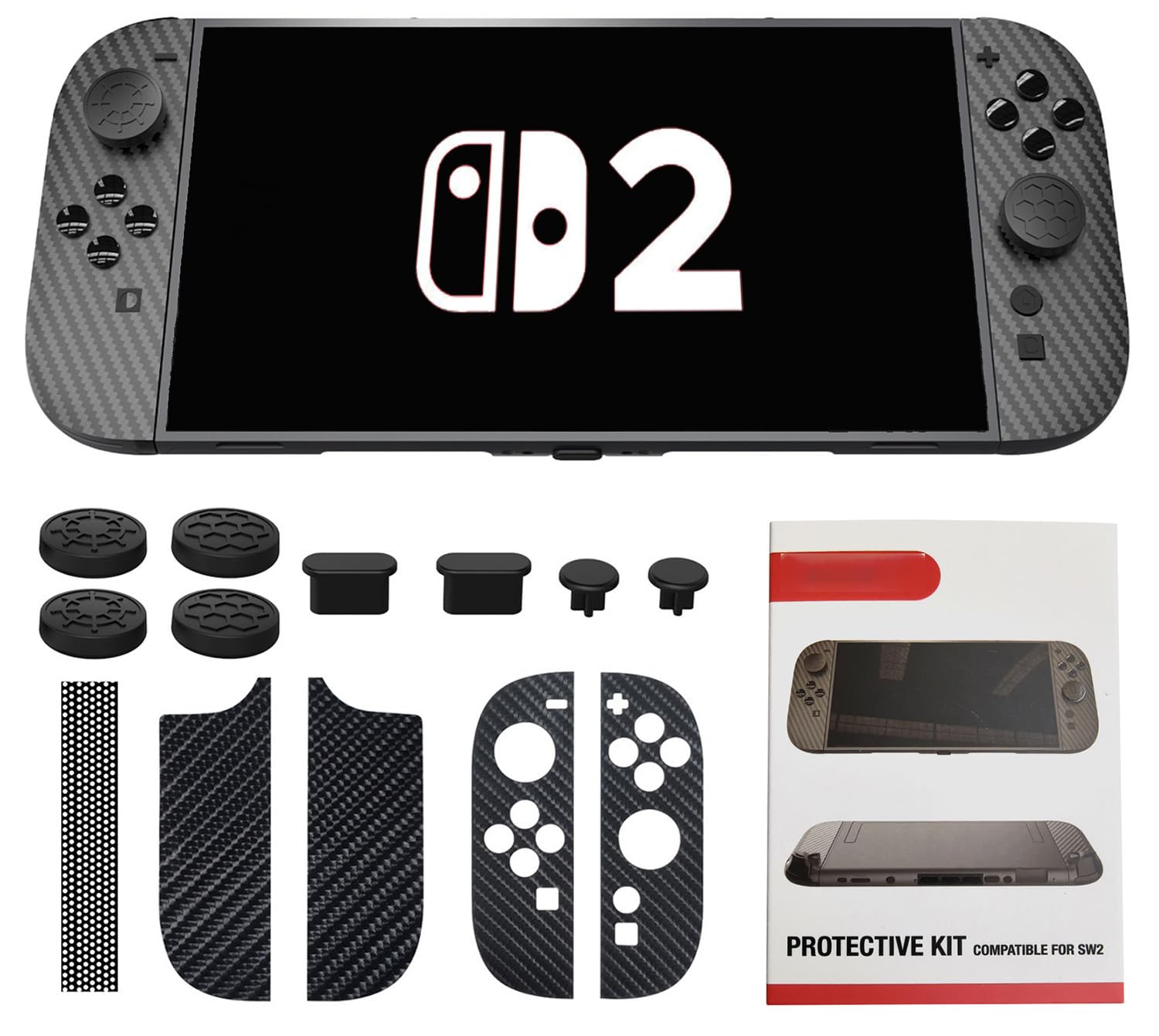 ・対応機種:Switch2 ・セット内容:13点入り ・デザイン:カーボン調 ・箱サイズ:約12.3×8.5×2cm ・付属パーツ:スティックカバー(2種)、TYPE-Cホールカバー、イヤホンホールカバー、通気口メッシュフィルター