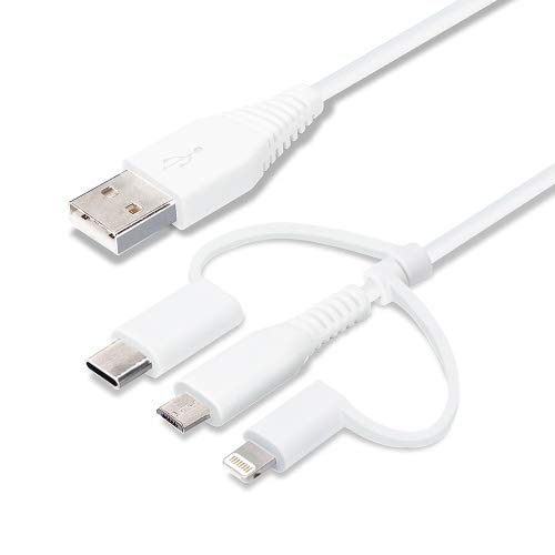 ホワイト/-/PG-LCMC05M04WH・パッケージ個数:1・Lightning・Type-C・micro USBの3種のコネクタを1本で使用できる長さ50cmのUSBケーブル「PG-LCMC05M04WH」は、Lightning・Typ...