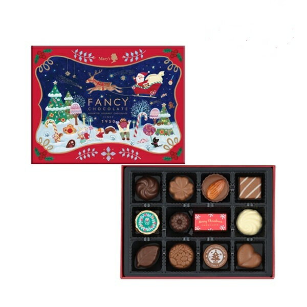 クリスマス限定パッケージのファンシーチョコレート。カカオクリームやミルクティーなど、選び抜いたこだわりの味わいをひと口サイズにぎゅっと詰め込みました。 内容量：12個