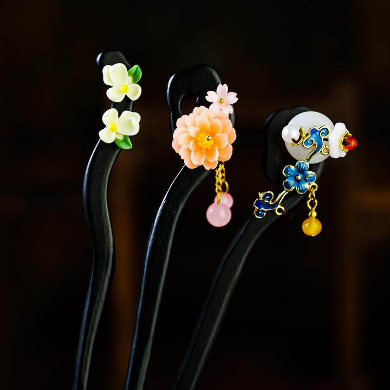 ・カテゴリ: 頭飾・スタイル: 宮廷風・主な素材: 木・柄: 花柄・カラー展開: 影幽（両面）、栀言（両面）、落霞（両面）、絶影（両面）、絶恋（単面）、如意（単面）