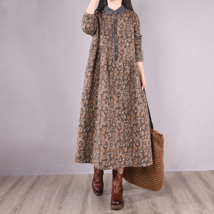 ・柄: 花柄・主な素材: 綿麻・カラー展開: グレー、コーヒー・サイズ展開: M、L、XL、2XL、3XL、フリーサイズ・スタイル: 文芸風レトロ、快適カジュアル・スカートタイプ: Aライン・ネックライン: ポロネック・対象年齢: 大人・ス...