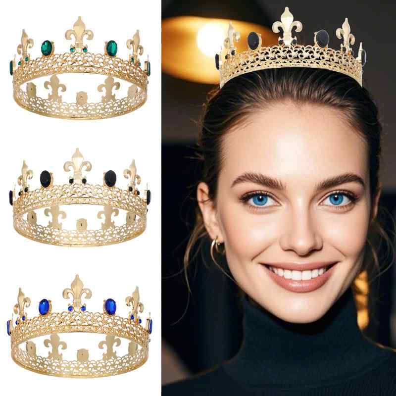 ・カテゴリ: 頭飾・スタイル: レトロ・素材: 合金・形状: クラウン・加工: メッキ・対象: 男女兼用・カラー展開: ゴールド+赤、ゴールド+ピンク、ゴールド+ロイヤルブルー、ゴールド+グリーンジア、ゴールド+ブラックジア
