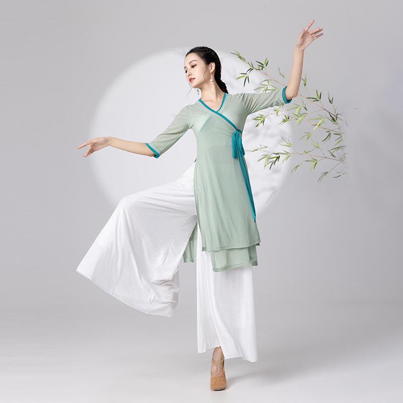 ・カテゴリ: ダンス服・柄: 無地・性別: 女性・種類: 現代舞・主な素材: 化学繊維混紡・素材: ポリエステル90%・カラー展開: 緑上衣、ピンク上衣、豆沙色上衣、白網紗パンツ・サイズ展開: S、M、L、XL、XXL