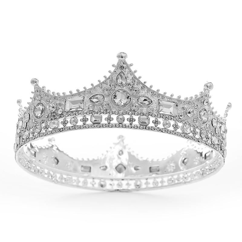 ・カテゴリ: 頭飾・素材: 合金・スタイル: 復古・デザイン: 男女共用・形状: 王冠・加工: ラインストーン・クリスタル: 白水晶・カラー: シルバー