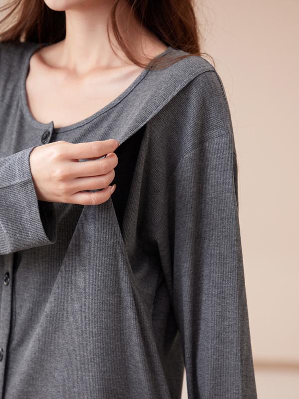 ・カテゴリ: 授乳服・柄: 無地・袖丈: 長袖・主な素材: レーヨン90-95%・カラー展開: ダークグレー、ピンクベージュ・サイズ展開: M、L、XL、XXL・スタイル: 日韓レジャー・流行要素: ボタン・タイプ: トップスセット
