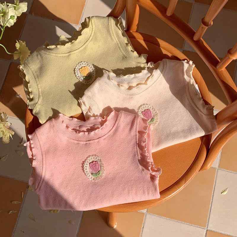 ・カテゴリ: 子供Tシャツ・スタイル: スイート・袖丈: ノースリーブ・柄: 無地・要素: キャラクター・主な素材: 綿91-95%・機能: 吸湿速乾・カラー展開: 杏色、ピンク、草緑・サイズ展開: 73、80、90、100・性別: 男女兼用