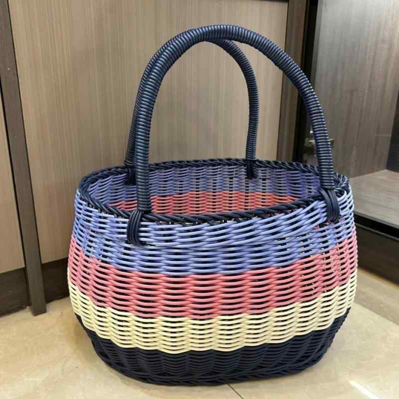 ・カテゴリ: 買い物かご、お買い物バッグ・主な素材: ポリプロピレン（PPラタン）・スタイル: 現代的、シンプル・カラー展開: 4色ミックス、ブルーホワイト、ブラウン・サイズ展開: 大（約直径32cm×幅24cm×高さ21cm）、小（約直径...