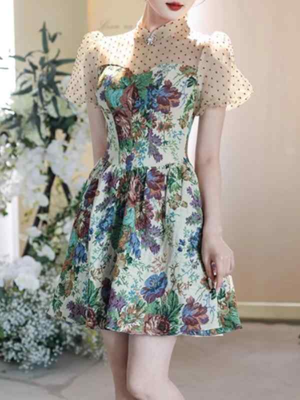 ・カテゴリ: ワンピース（ワンピース）・素材: ポリエステル、綿・ドレス丈: ミニ丈・シルエット: Aライン・襟型: スタンドカラー・袖丈: 半袖・カラー: 画像色・サイズ展開: S、M、L、XL、XXL・スタイル: コンサバ・フェミニン風...