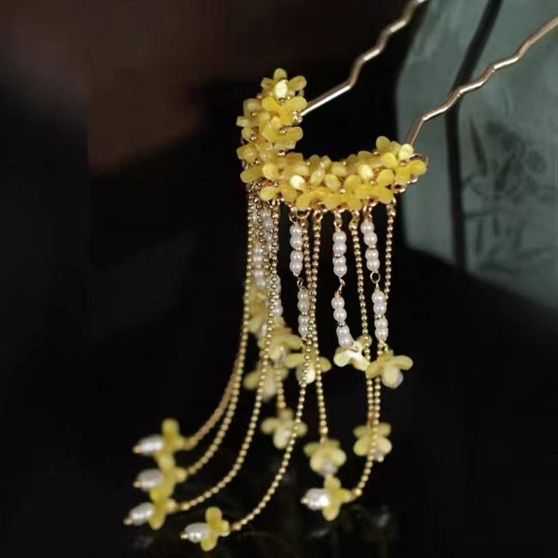 ・カテゴリ: ヘッドドレス・スタイル: 古風・モチーフ: 花・工法: ハンドメイド・カラー展開: 珍珠フリンジ、桂花フリンジ