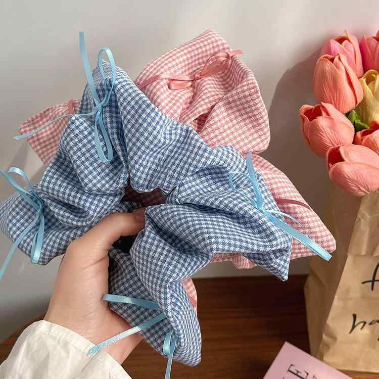 ・カテゴリ: ヘアゴム・素材: 布・加工: 業・カラー展開: ピンク、ブルー・デザイン: チェック柄・スタイル: 韓国風、フェミニン・仕様: 高弾力
