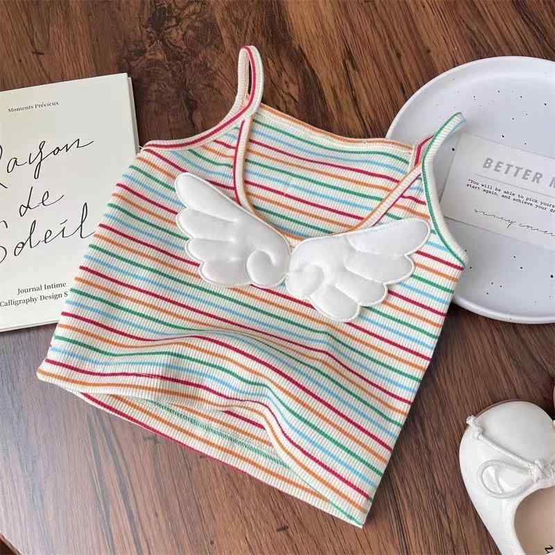 ・カテゴリ: 子ども用タンクトップ、キャミソール・性別: 女児・スタイル: 韓国風・袖丈: ノースリーブ・対象年齢: 3〜8歳（100〜140cm）・生地加工: 柔軟加工・柄: ボーダー・デザイン要素: スポーツ、ボーダー、キュート、配色、...