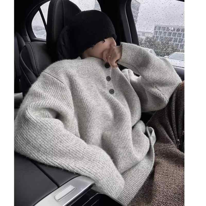 ニット メンズ 秋冬 カーディガン ヘンリーネック リラックスフィット シングルブレスト 長袖 トップス 羽織り 普段使い