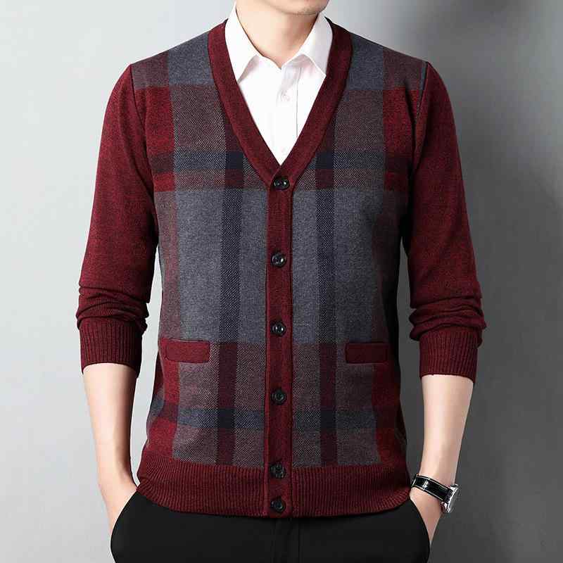 ニットカーディガン メンズ 男性用 秋冬 ストライプ柄 シングルブレスト ミドルエイジ 紳士服 配色 アウター・款式: カーディガン・版型: ストレート・领型: Vネック・袖丈: 長袖・厚薄: 普通・风格: ミドル・シニア・款式细节: 配色...