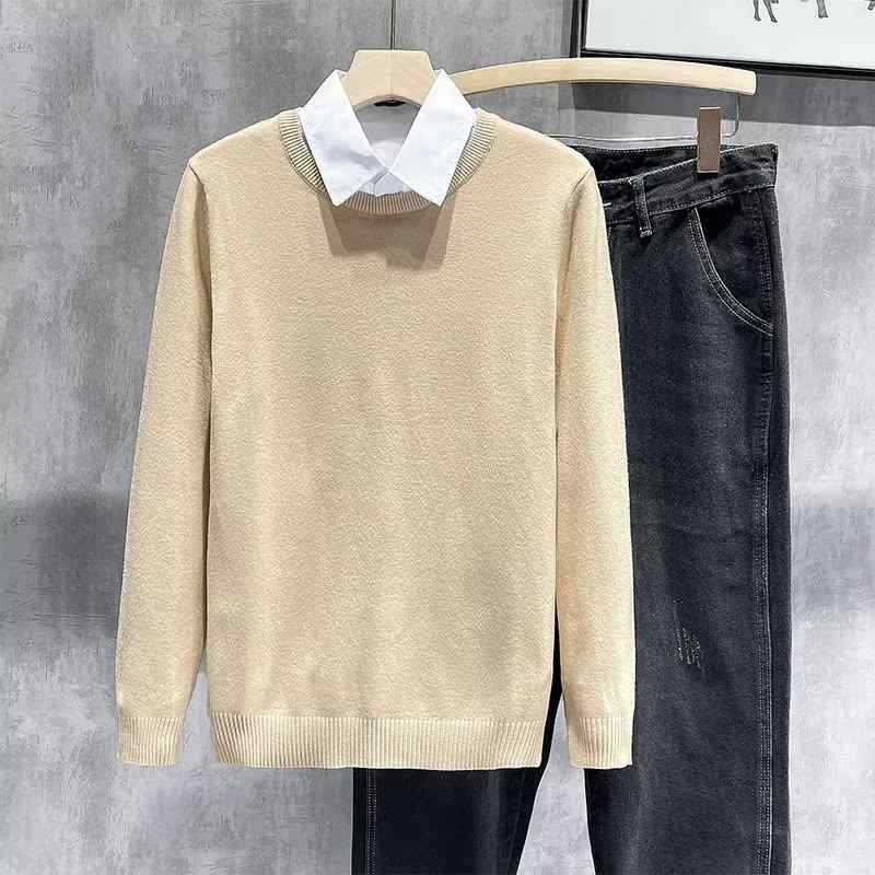 ニット メンズ 秋冬 無地 クルーネック セーター 韓国 スリム 長袖 カットソー トップス インナー カジュアル きれいめ シンプル 普段使い