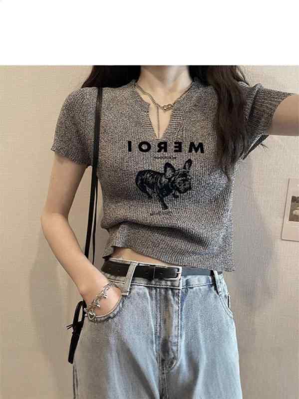 Tシャツ レディース 半袖 Vネック スリム ニット トップス ショート丈 デザイン カットソー サマーニット タイト 無地 シンプル おしゃれ かわいい