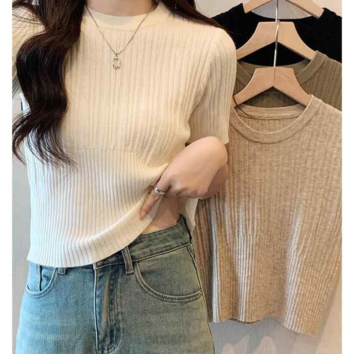 ニット レディース 半袖 サマーニット トップス ラウンドネック スリム 薄手 ショート丈 インナー かわいい おしゃれ オフィスカジュアル