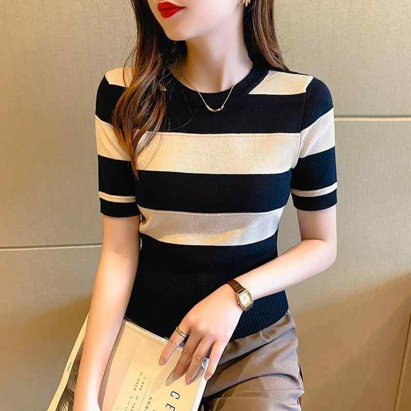 ニット レディース トップス 半袖 スリムフィット ボーダー Tシャツ ショート丈 インナー カットソー 春夏