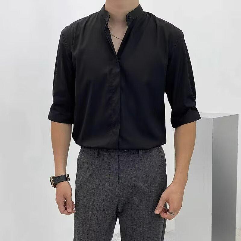 シャツ メンズ 男性用 トップス ビジネス スリム 半袖 イングリッシュスタイル 五分袖・素材: ポリエステル繊維(ポリエステル)・スタイル: 日本のワークウェア・タイプ: カーディガン・フィット: ゆったり・襟のタイプ: スタンドカラー・...