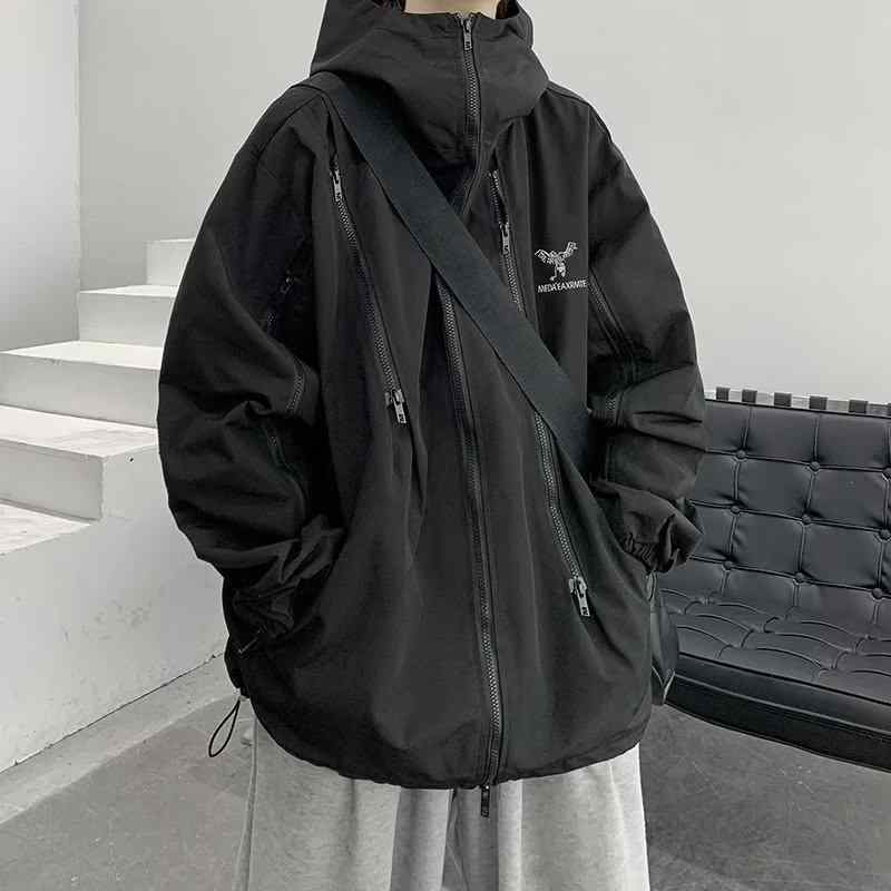 2ジャケット 男性用 マウンテンパーカー 黒 防水 防風 フード付き ブルゾン ゆったり カジュアル アウトドア スポーティー 春秋