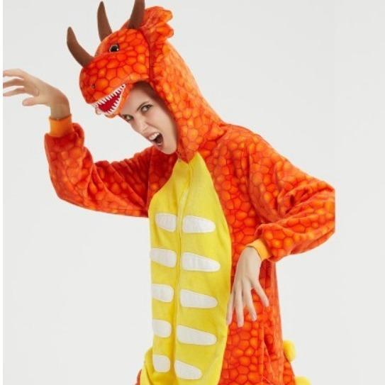 パジャマ 秋冬用 フランネル レッド グリーン ピンク 恐竜 スピノサウルス リザードン風 カートゥーン 動物 着ぐるみ 連体服 部屋着 寝巻き かわいい