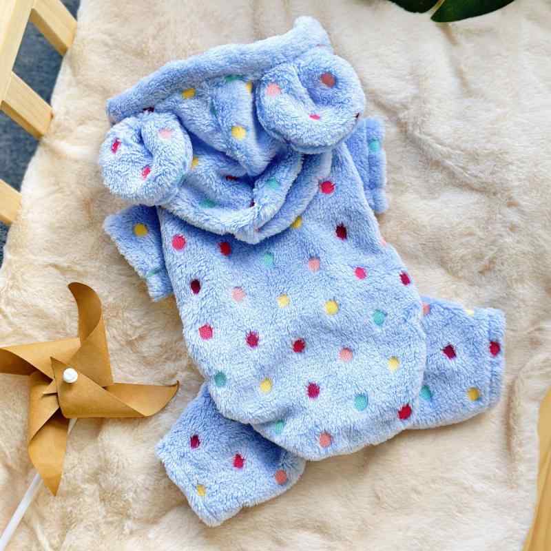 2ペット服 小型犬 中型犬 カバーオール ロンパース フード付き ウサギ耳 水玉模様 珊瑚フリース 秋冬 部屋着 かわいい 暖かい