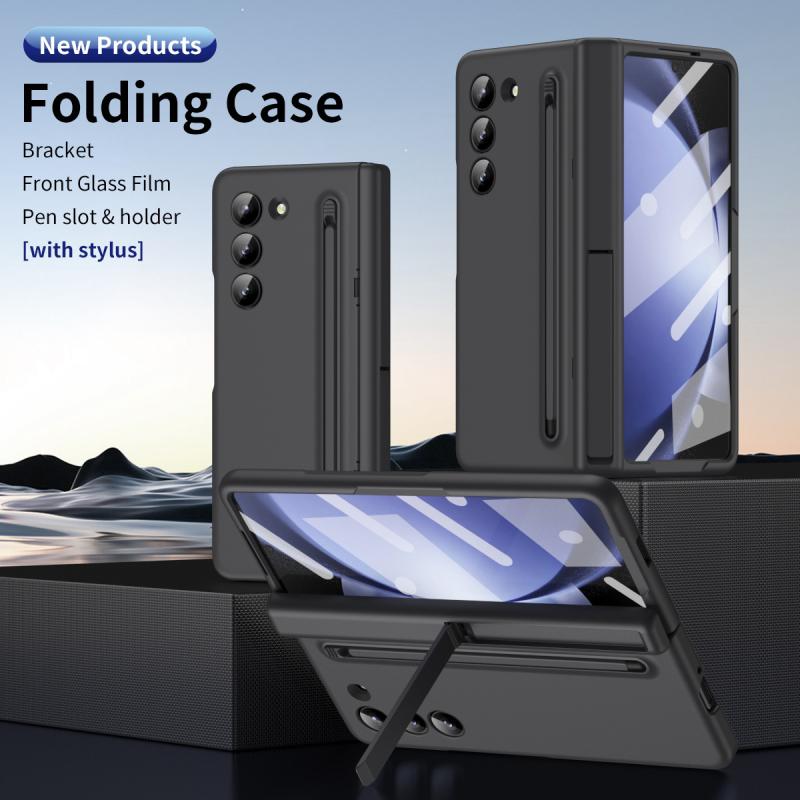 スマホケース Samsung Galaxy Z Fold6/Fold5/Fold4/Fold3 全面保護ケース 手書きペンホルダー 蝶番 丁番 ヒンジ スタンド機能 耐衝撃 ブラック